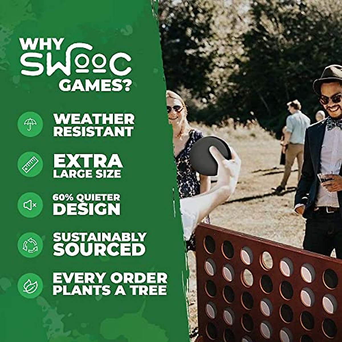 SWOOC Games - Giant Four in a Row (All Weather) Outdoor Game with Carrying Case and Noise Reducing Design - 60% Quieter - Jumbo Connect 4 Discs to Win - Oversized Yard Game for Kids, Adults, & Family