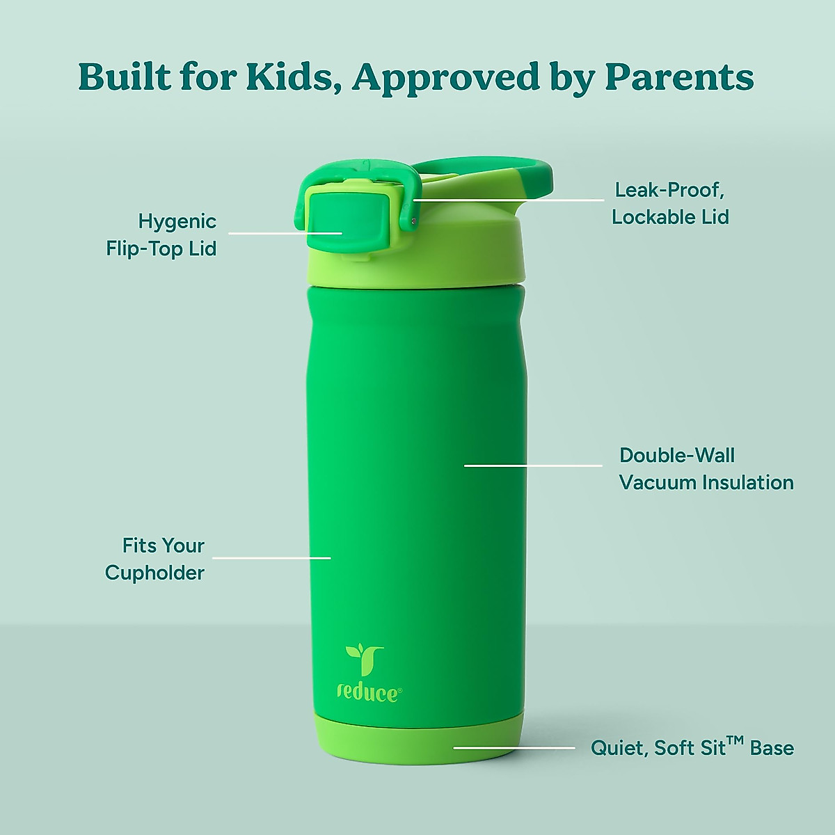 REDUCE 14 oz Hydrate Pro Stainless Steel Insulated Water Bottle - Flip Top Leak-Proof Lid, Dishwasher Safe, BPA-Free, Dual Wall Vacuum, Keeps Drinks Cold for 48 Hrs, Cup Holder Friendly - Clover Green