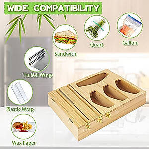 KMOTASUO Bamboo Ziplock Bag Organizer for Drawer, 6 in 1 Food Storage Bag Organizer Wrap Dispenser with Cutter, Great for Quart Gallon Sandwich Snack Bags & Foil Plastic Wrap (6 in 1)