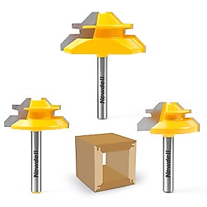 Newdeli 45 Degree Lock Miter Router Bit 3-Piece Set, for 1/2”, 5/8”, 3/4” Cutting Height, 1/4 Inch Shank. Easy to Create Lock Miter Joint