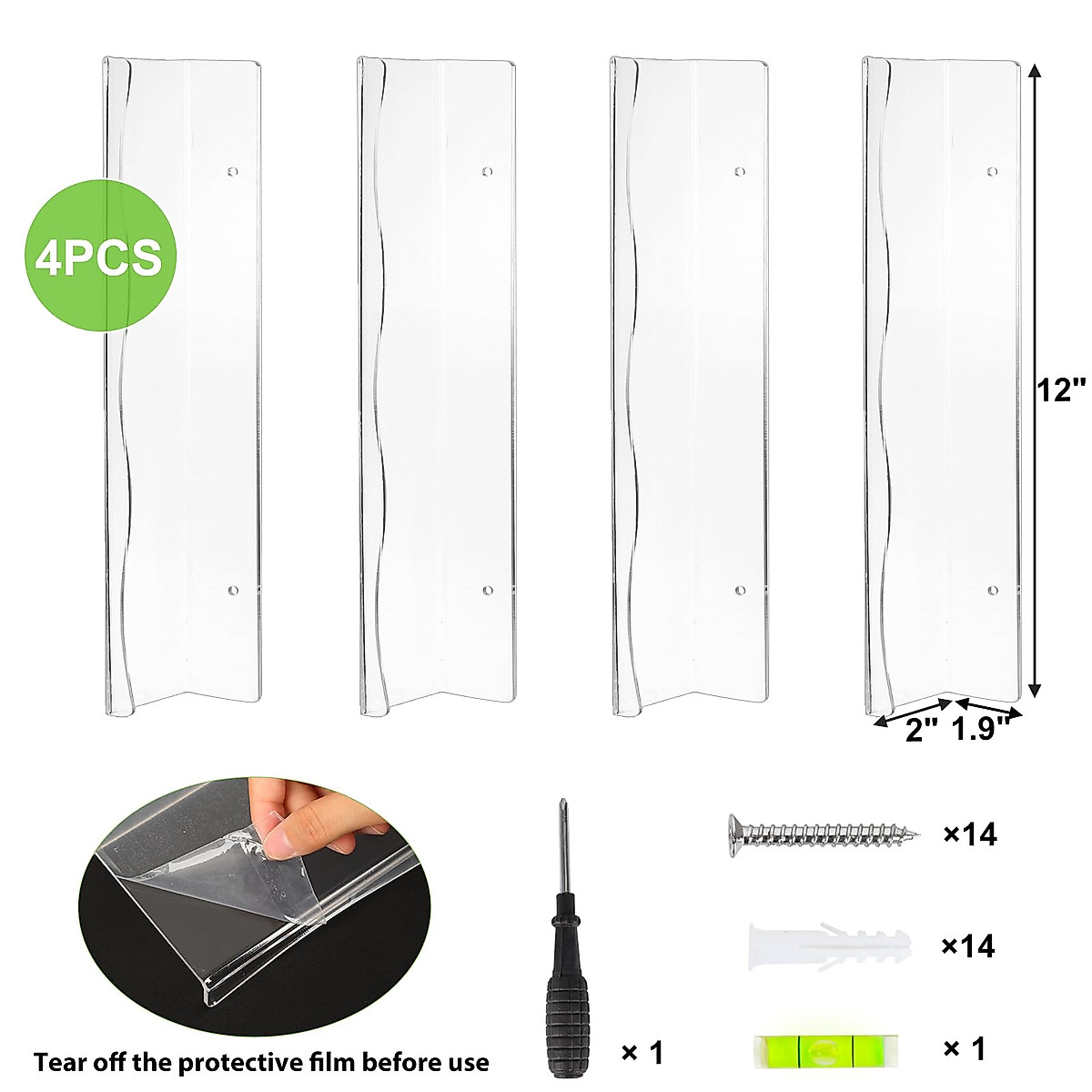 Fixwal Acrylic Clear Floating Shelves for Wall, Vinyl Record Shelf Wall Mount Set of 4, 12in Wavy Clear Acrylic Record Holder Bookshelf Display, Wall Decor for Living Room (Clear)