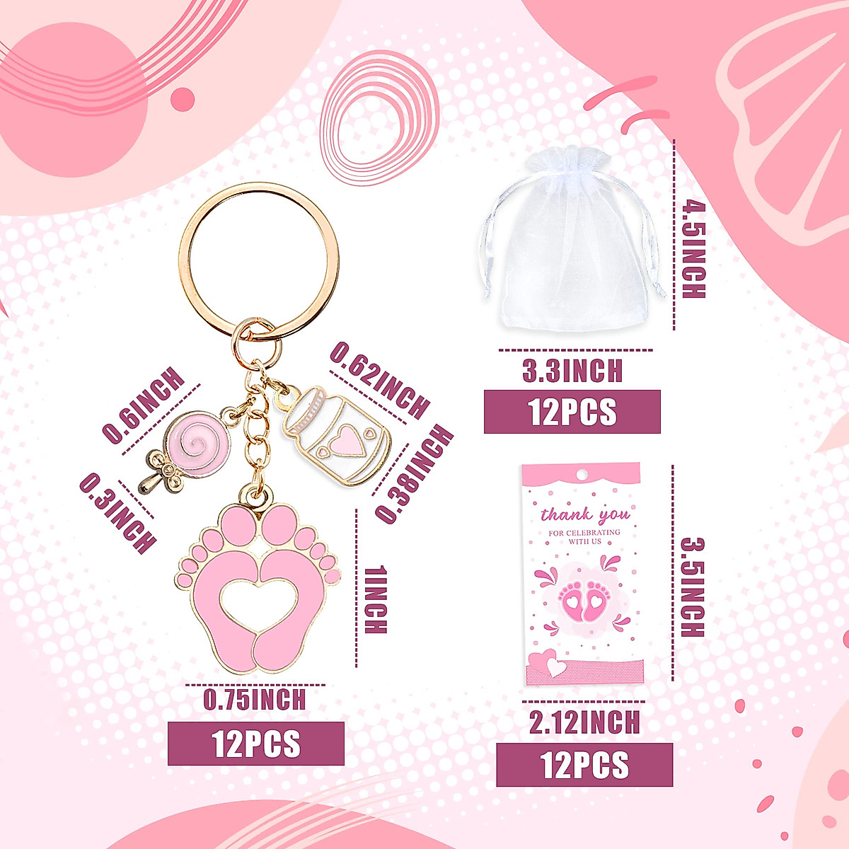 BUYWUMORE 12 Sets Baby Shower Favors Pink Footprint Keychains Gifts with Bottle Lollipop White Organza Bags and Thank You Tags for It's a Girl Decorations Baby Shower Party Supplies (PINK)