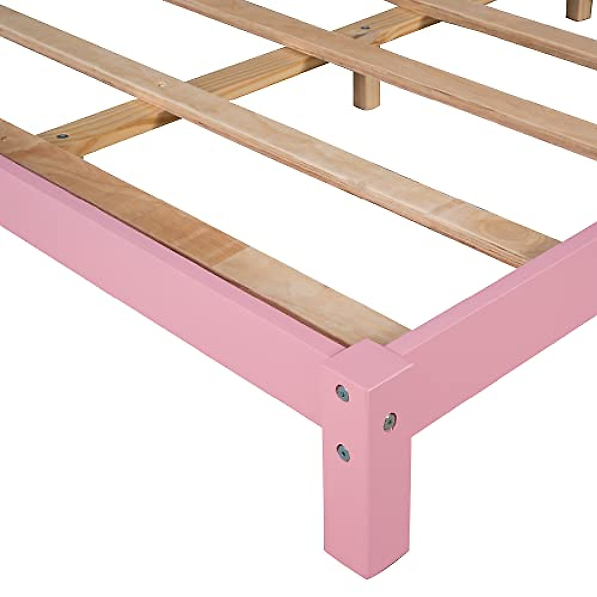 LostCat Full Size Wood Platform Bed with House-Shaped Headboard, Floor Bed with Solid Wood Slats, Full Size Kids House Platform Bed Wood Bed Frames for Boys,Girls, No Box Spring Needed, Pink