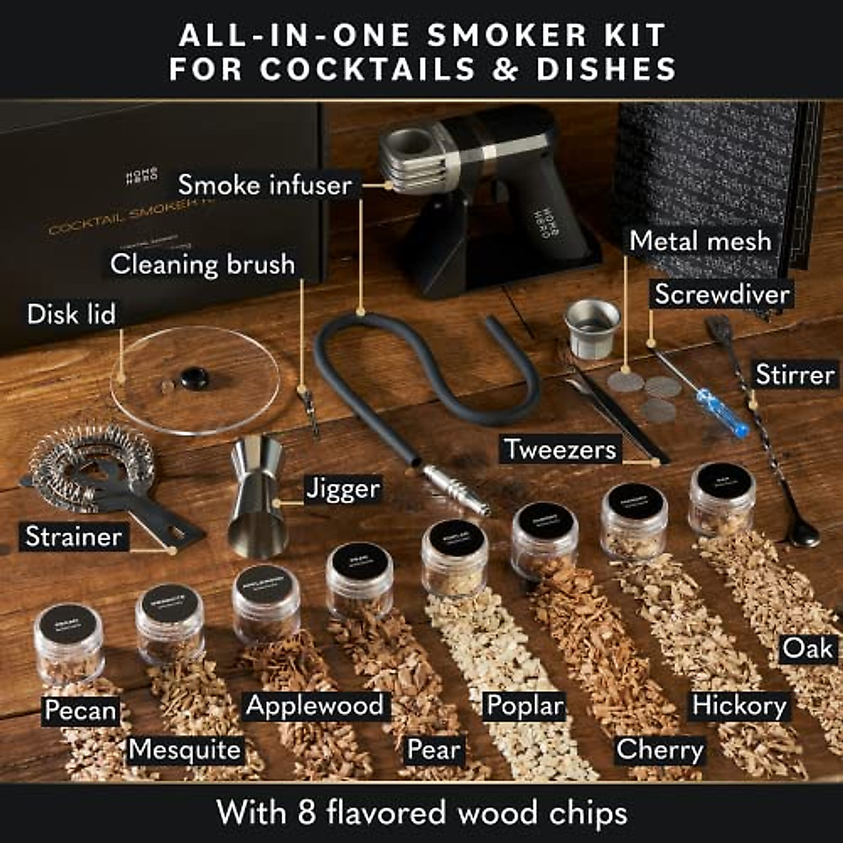 Smoking Gun, Smoke Gun for Cocktails - Cocktail Smoker Kit & 8 Wood Chip Flavors - Drink Smoker Infuser Kit - Indoor Smoker Drink Smoker - Smoking Gun Food Smoker, Old Fashioned Smoker Kit for Whiskey