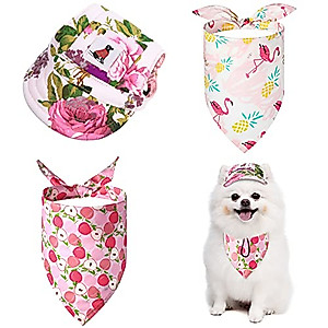 3 Pieces Dog Baseball Cap Bandanas Set, Included 1 Adjustable Dog Sun Protection Hat with Ear Holes and 2 Pink Doggie Summer Cat Bandana Puppy Summer Costume Supplies for Small Dogs Puppies Pet, Small