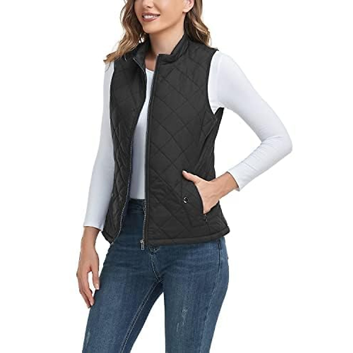 LONGKING 2025 Upgraded, Women's Outwear Vest With One Inner Pocket - Stand Collar Lightweight Zip Quilted Vest for Women