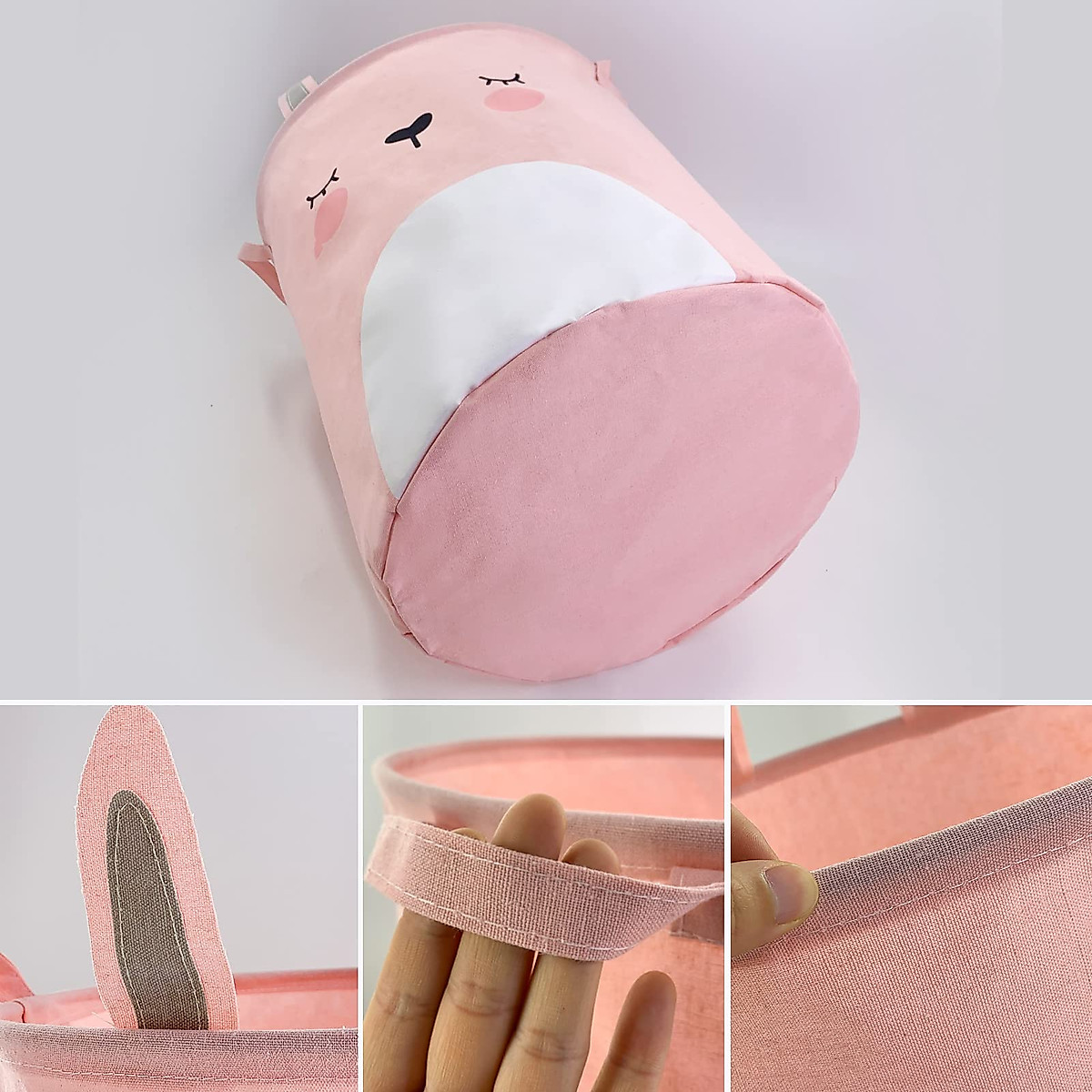 Homele Large Round Storage Basket, Cute Collapsible Laundry Basket Organizers and Storage Bins Foldable Dirty Clothes Basket Nursery Hamper Canvas Fabric Toy Box Decorative Gift Baskets (Pink Rabbit)
