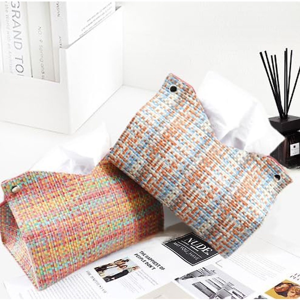 Tissue Box Cover, Rectangular PU Leather Weave Texture Napkin Paper towel Holder with Decor & Storage for Living Room, Dinner Tables, Countertops, Nightstands, Bathroom, Office, Hotel, Car and Outdoor