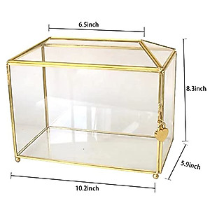 QLQSIMON 10.2'' Handmade Gold Geometric Terrarium - Glass Wedding Card Box with Slot and Lock- Large Clear Display Box for Wedding Reception, Wishwell, Keepsake