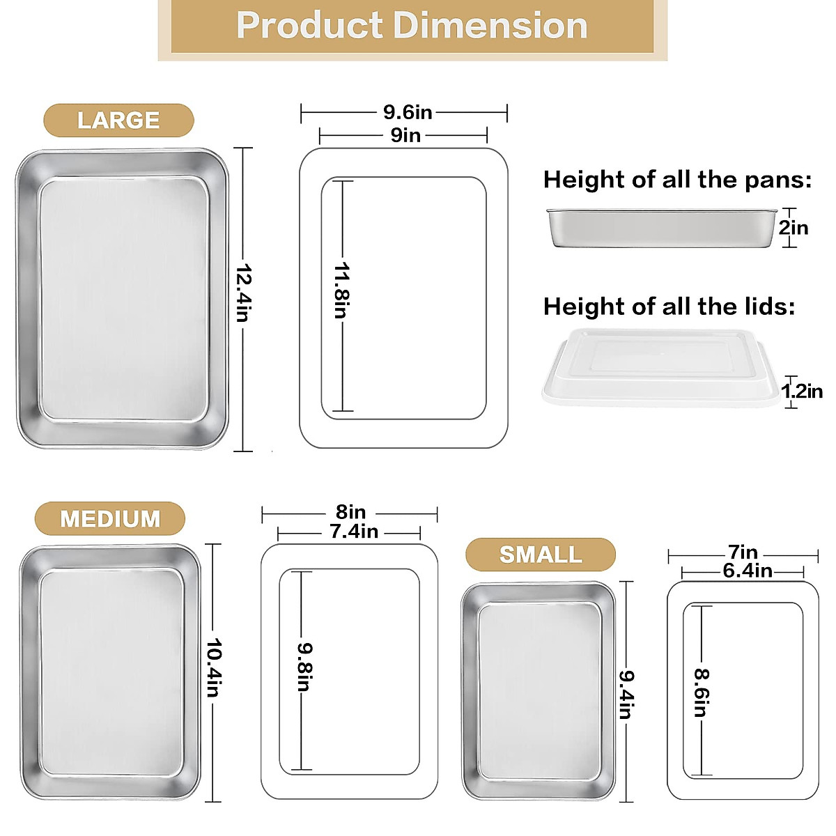 E-far Baking Pan with Lid(12.4/10.4/9.4 inch), Stainless Steel Rectangular Sheet Cake Pans with Cover, Metal Bakeware Sets for Lasagna Casseroles Brownie, Non-toxic & Dishwasher Safe - 3 Pans + 3 Lids