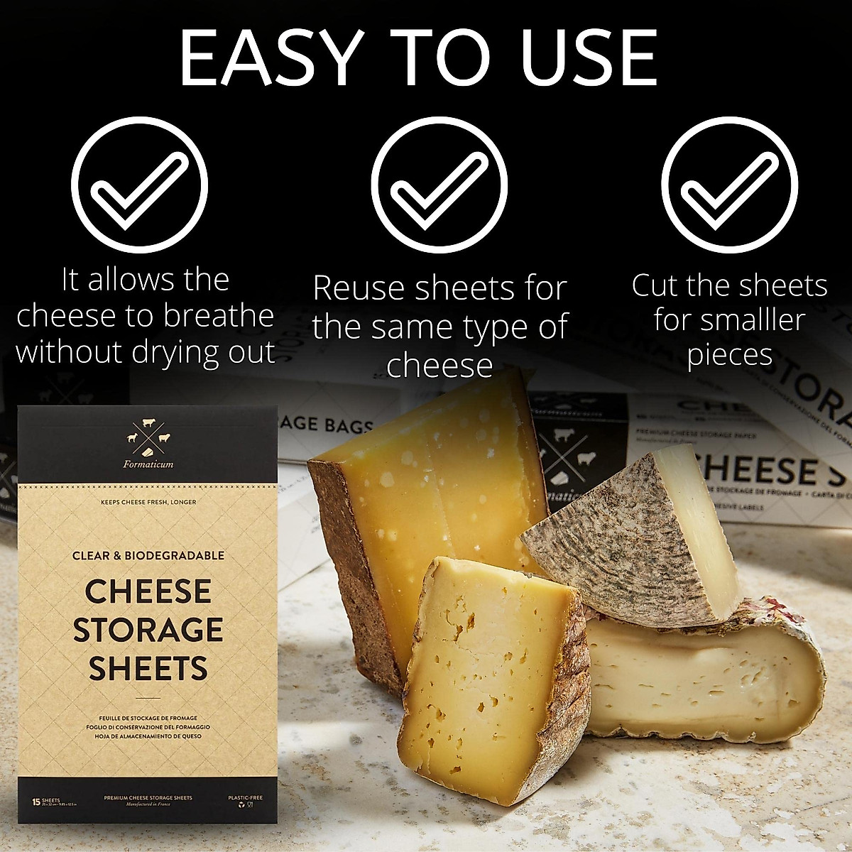 Formaticum Cheese Storage Sheets - Cheese Saver from France- Professional Earth Friendly Transparent Cheese Wrap - Cheese Sheet Savers of wood-based cellulose fibers - Clear 15 Sheets with 9" x 12"