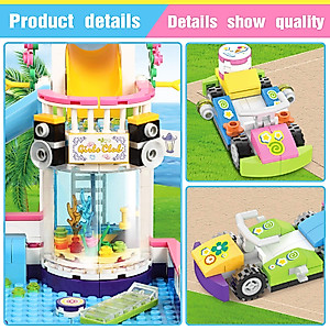 Friends Swimming Pool Building Set for Girls 6-12 Beach Pool Party Building Blocks Toys Water Park Building Includes Juice Bar and Car, Storage Box, Christmas Birthday Roleplay Gift for Kids Girls 7-9