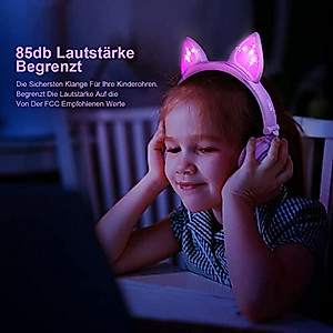 LOBKIN Headphones Kids, Headphones Cat Ears with LED, 85dB Volume Limiter, Foldable, Kids Headphones with Wire for Girls Boys (Purple+Pink)