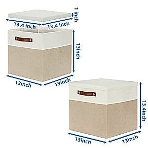 Temary Fabric Storage Bins with Lids 13 Inch Storage Cubes with Lid, Decorative Foldable Storage Boxes for Clothes, Closet Organizers (White&Khaki, 13x13x13inch)
