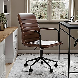 Martha Stewart Taytum Swivel Task Chair with Armrests for Home Office in Saddle Brown Faux Leather with Oil Rubbed Bronze Frame