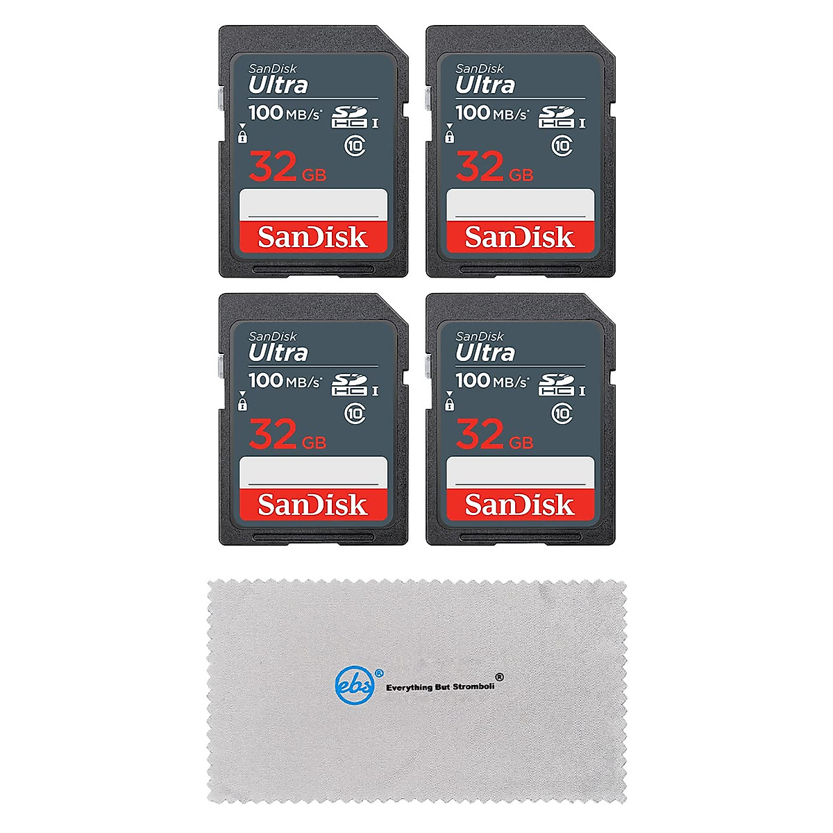 SanDisk 32GB Ultra (4 Pack) UHS-I Class 10 SDHC Memory Card, Retail Packaging - with (1) Everything But Stromboli (tm) Microfiber Cloth