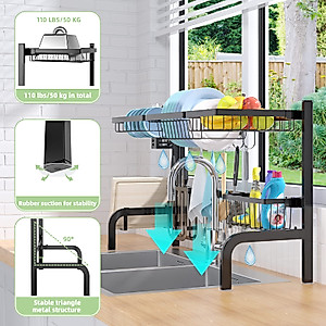 PETSITE Over Sink Dish Drying Rack, 21"-39" Length Adjustable, 2-Tier Dish Drainer for Kitchen Counter Storage, with 4 Baskets and 8 Hooks, Cutting Board & Utensil & Knife Holder, Above Sink Dish Rack