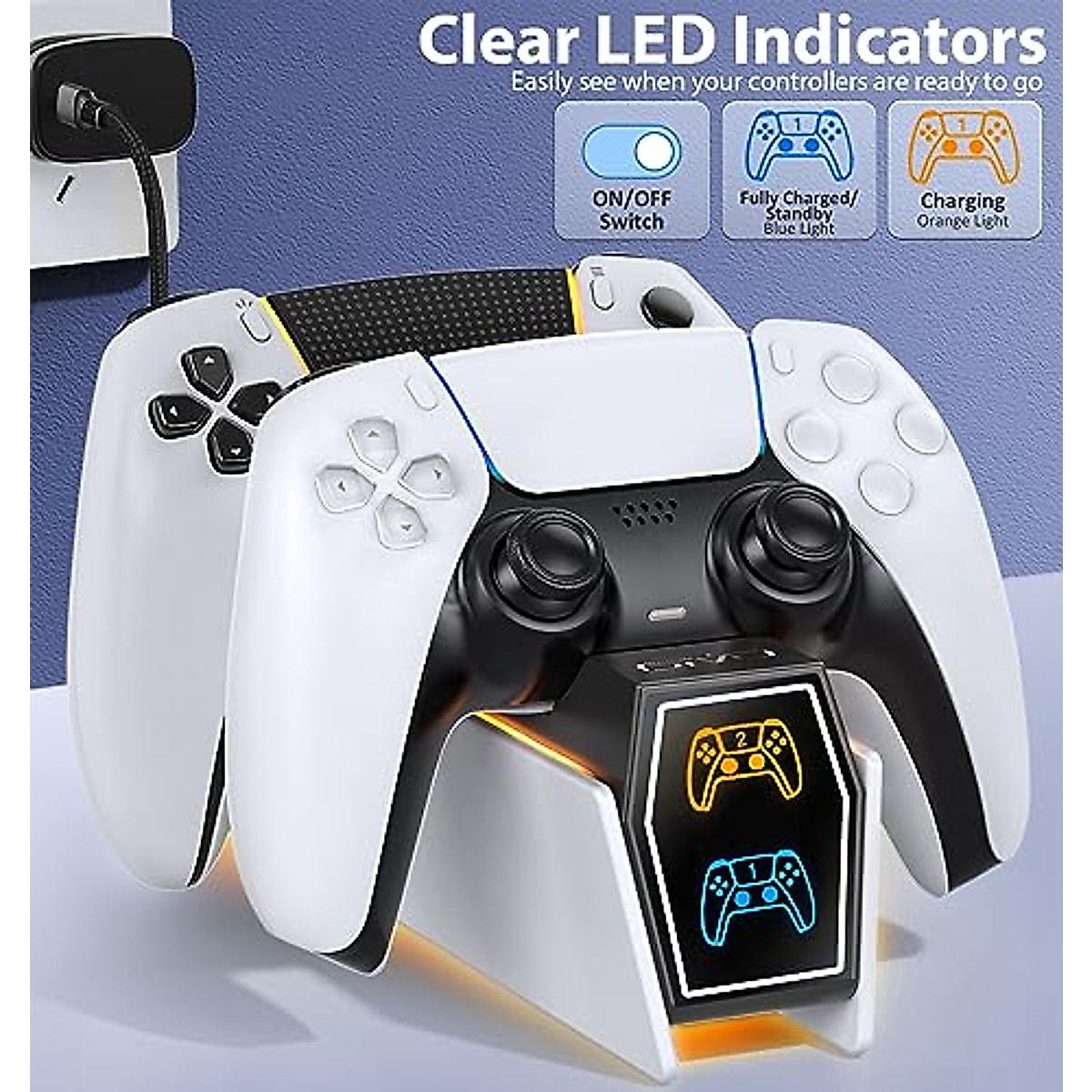 PS5 Controller Charger Compatible with DualSense & Edge Controller, 2.0 H Fast PS5 Charger with 5V/3A Adapter and USB-C Cable, PS5 Charging Station with 2 Charging Options & Indicator