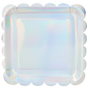 Sparkle and Bash 48-Pack Holographic Silver Foil Square Paper Plates, Scalloped Edge (9 in)