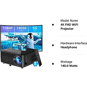 4K FHD WiFi Projector, Bluetooth Projector, 200" Portable Movie Projector, 13000 Lumens 500 ANSI Home Theater Video Projector Compatible with HDMI, USB, Laptop, iOS & Android Smartphone