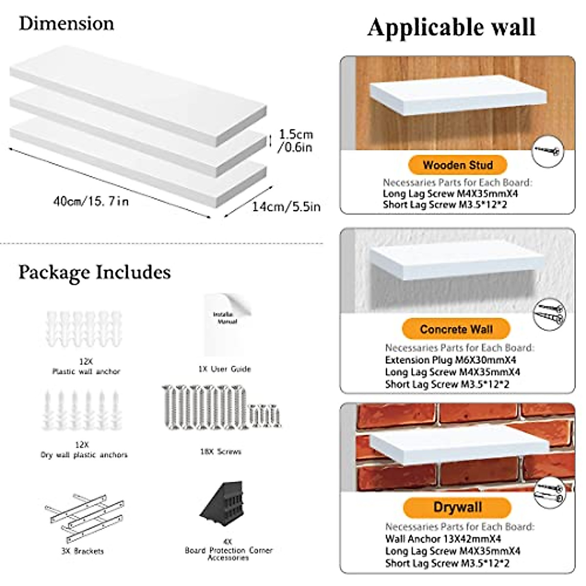 VOGGV White Floating Shelf, Wall Mounted Shelves with Invisible Brackets, Wall Shelves for Bathroom, Bedroom, Office, Living Room, Kitchen, Shelves for Wall Decor Storage, Set of 3