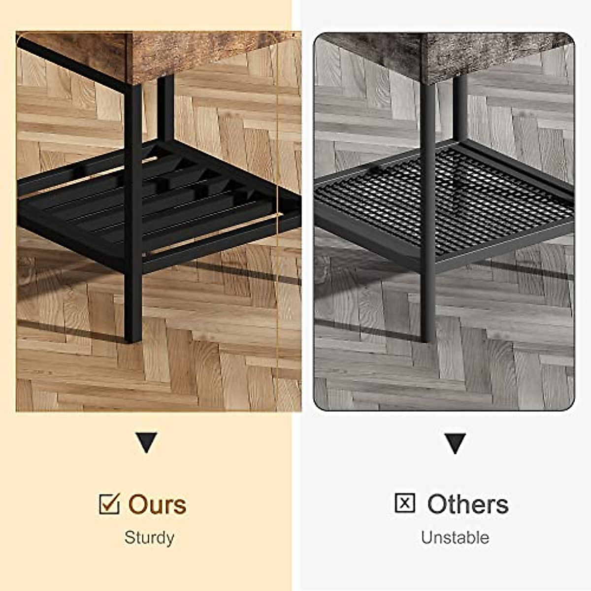 ChooChoo Nightstand with Charging Station and USB Ports, Rustic Side End Table with Drawer and Metal Shelf, Bedside Table for Small Spaces, Bedroom, Rustic Brown