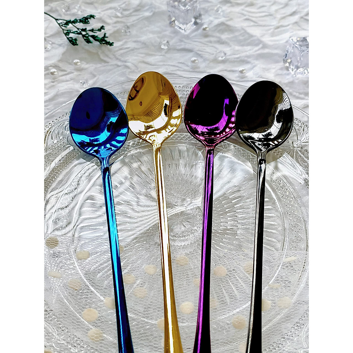 M.S. Long-handled ice tea spoon, cocktail stir spoons, stainless steel coffee spoons, ice cream scoop Set of 5(purple,7.68inch)