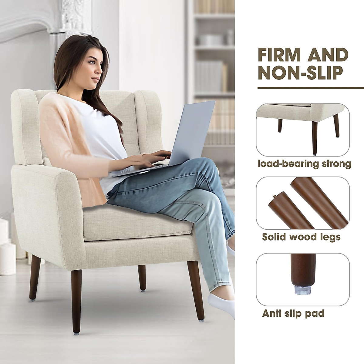 cinkehome Accent Chairs Set of 2 for Living Room, Chenille Upholstered Mordern Armchair, Comfy Soft Padded Lounge Reading Arm Chair in Small Space, Bedroom, Pillow, Solid Wood Leg, Beige