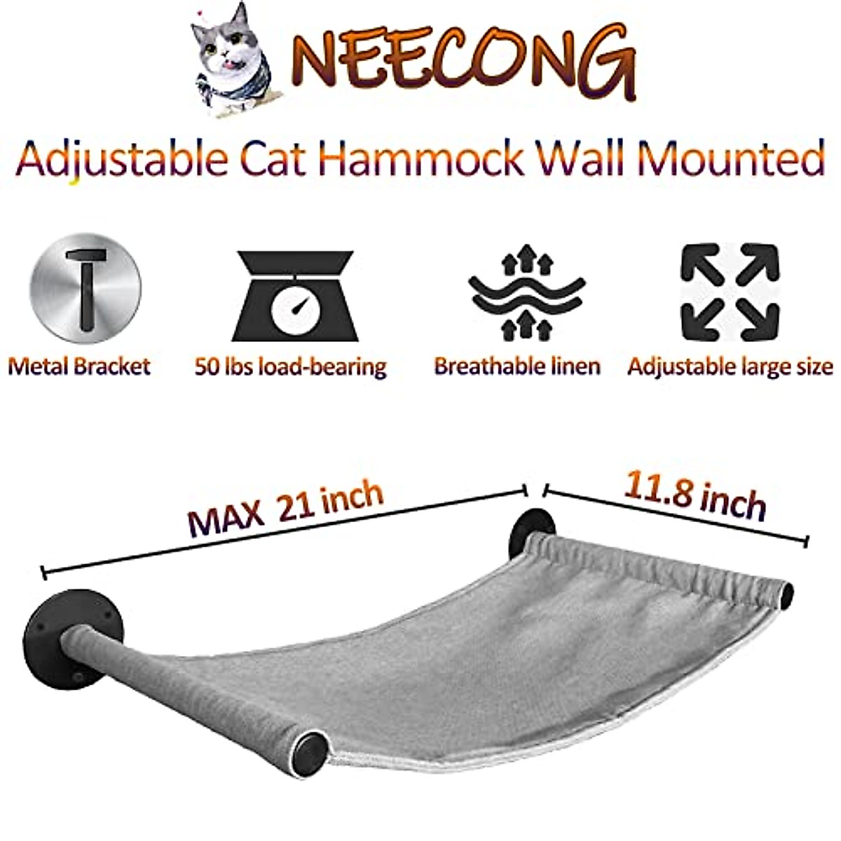 NEECONG Cat Hammock Wall Mounted Cat Wall Shelves Furniture for Sleeping, Playing, Climbing, and Lounging - Metal Bracket Easily Holds up to 45 lbs…