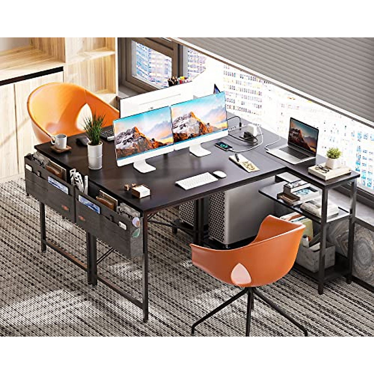 ODK 48 Inch Small L Shaped Gaming Computer Desk with Power Outlets, Reversible Storage Shelves & PC Stand for Home Office, Simple Writing Study Table with Storage Bag for Small Space, Black