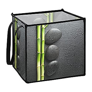 Poeticcity Black Zen Basalt Stones with Dew Green Bamboo on Dark Square Storage Basket Bin, Collapsible Storage Box, Baskets Organizer for Toy, Clothes Easy to Assemble 10.6x10.6x10.6 in