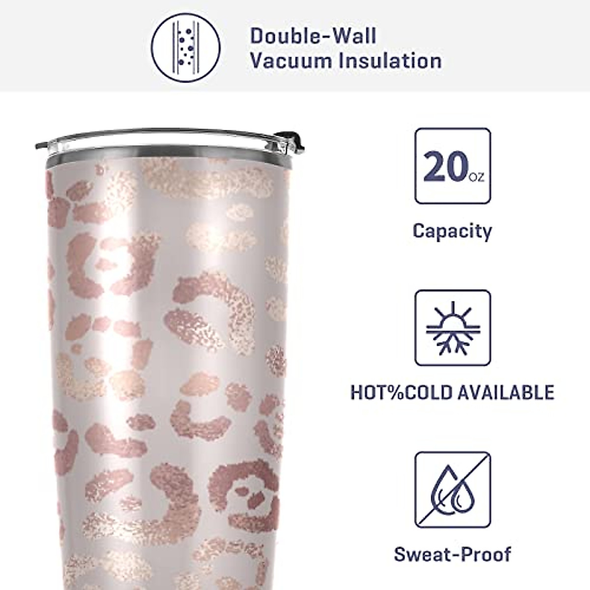 Leopard Print Cheetah Rose Gold Insulated Tumbler Cup with Straw Lid Vacuum Reusable Stainless Steel Water Bottle Coffee Travel Mug 20oz