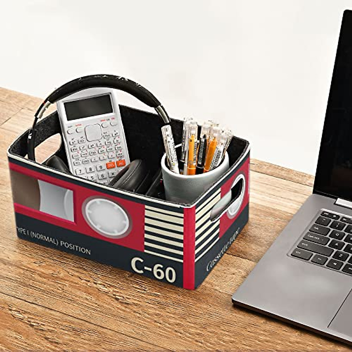 J JOYSAY Plastic Audio Cassette Tape Storage Basket Felt Storage Bin Collapsible Towel Storage Decorative Baskets Organizer for Laundry Baby Room