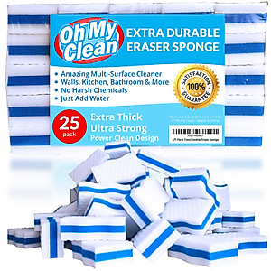 (25 Pack) Extra Durable Eraser Sponge - Extra Thick, Long Lasting, Premium Melamine Sponges in Bulk - Multi-Purpose Power Scrubber - Bathroom, Kitchen, Floor, Bathtub, Toilet, Baseboard, Wall Cleaner