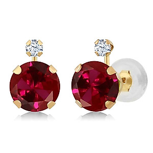 Gem Stone King 14K Yellow Gold Round Red Created Ruby and White Created Sapphire Earrings For Women (2.08 Cttw, Round 6MM)