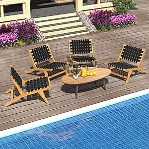 Tangkula Teak Wooden Chair, Mid Century Modern Accent Chair with Woven Webbing Seat & Backrest for Patio, Porch, Balcony, Lawn, Garden, Backyard, Poolside & Deck Indoor Outdoor (2)