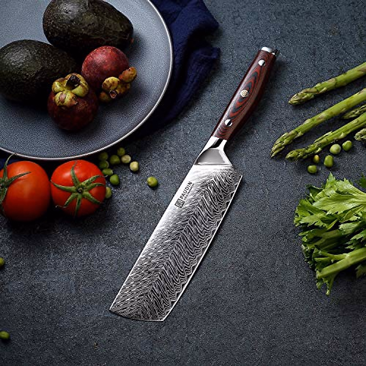 PAUDIN Damascus Nakiri Knife,7 Inch Japanese Damascus 67-layers VG10 High Carbon Stainless steel Knife, Ultra Sharp Vegetable Knife, Plume Pattern Kitchen Knife with Ergonomic G10 Handle