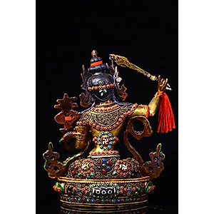 9" Tibetan Temple Collection Old Bronze Outline in Gold Painted Mosaic gem Dzi Beads Manjushri Worship Buddha Town House