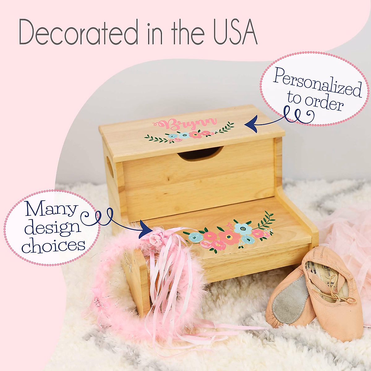 Boy's Personalized Wood Transportation Step Stool with Storage - 2 Steps Boys Navy Gray