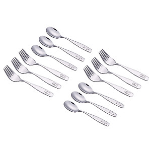 ANNOVA Kids Silverware 12 Pieces Children's Safe Flatware Set Stainless Steel - 6 x Safe Forks, 6 x Children Dinner Spoons, Toddler Utensils, Metal Cutlery Set for LunchBox (Engraved Dog Bunny) (12FS)