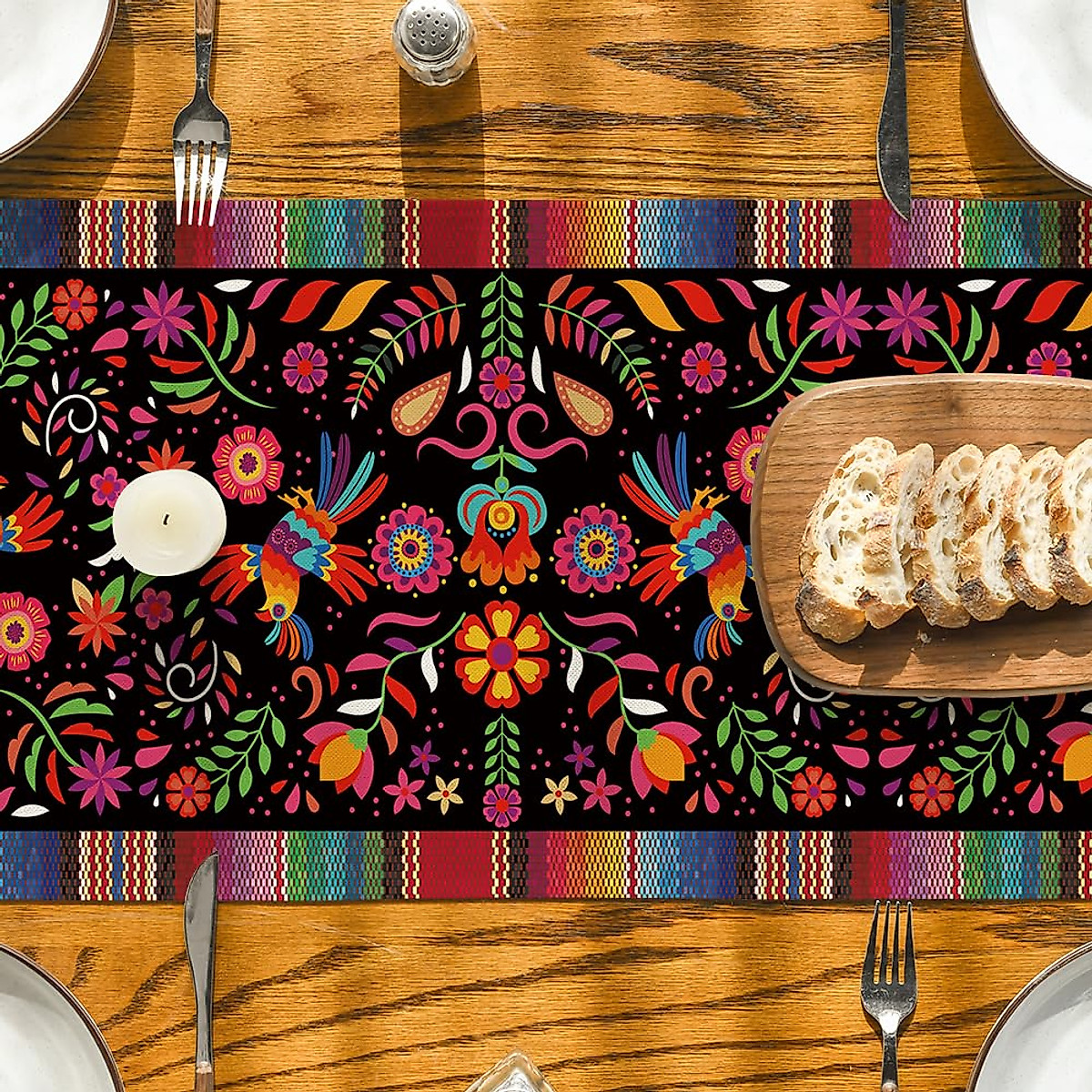 Artoid Mode Bird Dia De Los Muertos Serape Mexican Fiesta Table Runner, Cinco De Mayo Day of The Dead Kitchen Dining Table Decoration for Home Party Decor 13x72 Inch
