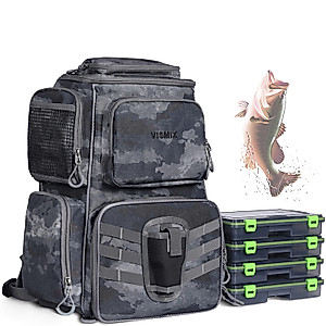 VISMIX Fishing Tackle Backpack with 4 Tackle Boxes Large Waterproof Tackle Bag Storage, Backpack for Trout Fishing Outdoor