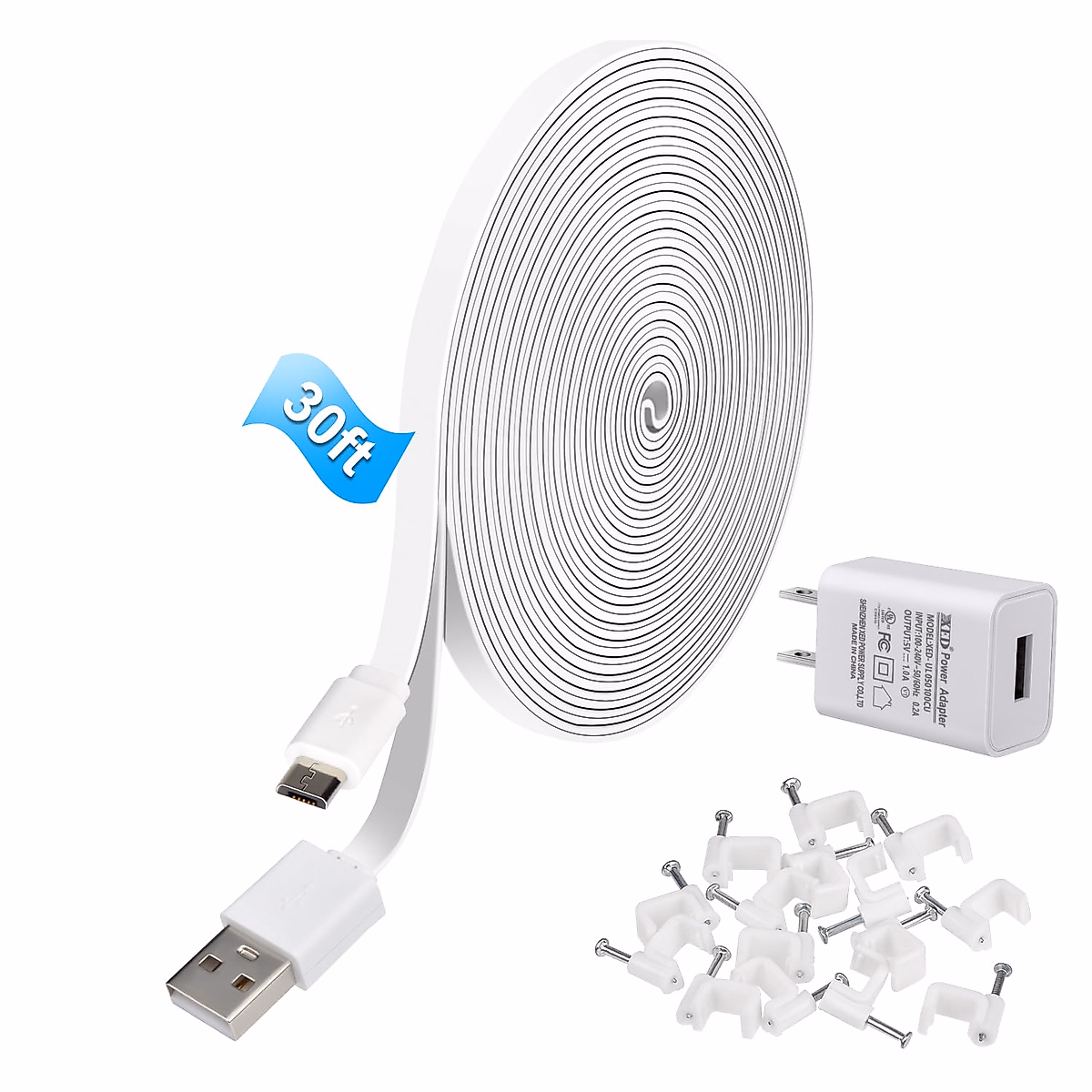 30FT Flat Power Extension Cable Compatible with Wyze Cam v3/v4/OG/v3 Pro, Blink Mini, KasaCam Indoor, Blink Mini Pan, SimpliSafe, Eufy, Charging Power Cord for Security Camera