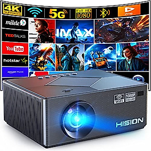 Movie Projector, HISION 5G WiFi Bluetooth Projector Native 1080P Projector 4K Support Oudoor Mini Projector for iPhone Home LED TV Projector Compatible with TV Stick Laptop Tablet PC HDMI USB TF DVD