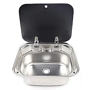 Outdoor RV Caravan Basin Sink,Stainless Steel Boat RV Caravan Camper Kitchen Basin Single Bowl Sink Hand Wash Cold and Hot Faucet Glass Lid for Camper Boating 16.53 x 14.56x 6.3inch (Rectangular Sink)
