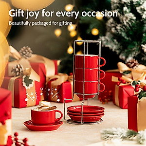 Sweese 8 Ounce Porcelain Stackable Cappuccino Cups with Saucers and Metal Stand - for Specialty Coffee Drinks, Cappuccino, Latte, Americano and Tea - Set of 4, Red