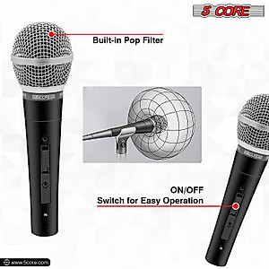 5 CORE Professional Dynamic Vocal Microphone Neodymium Cardioid Unidirectional Handheld Mic for Speakers, Karaoke W/Steel Mesh Grille, Metal Body ON/Off Switch w/16ft Detachable Cable+ Clip+ Bag