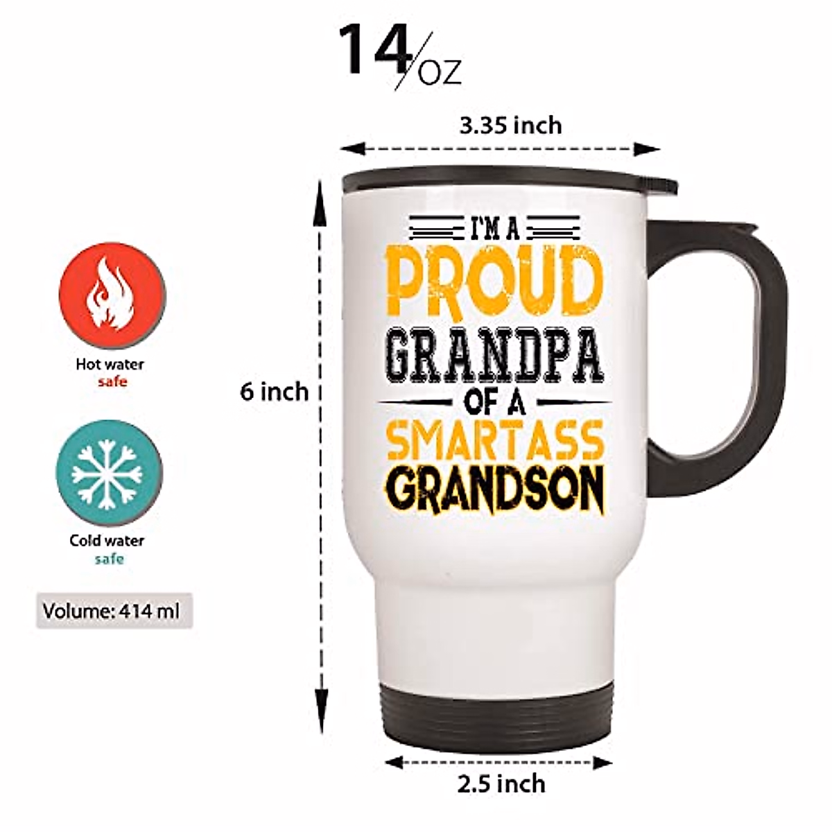 Fathers Day Gift for Proud Grandpa of Witty Smart Grandson 14oz Steinless Steel Travel Mug
