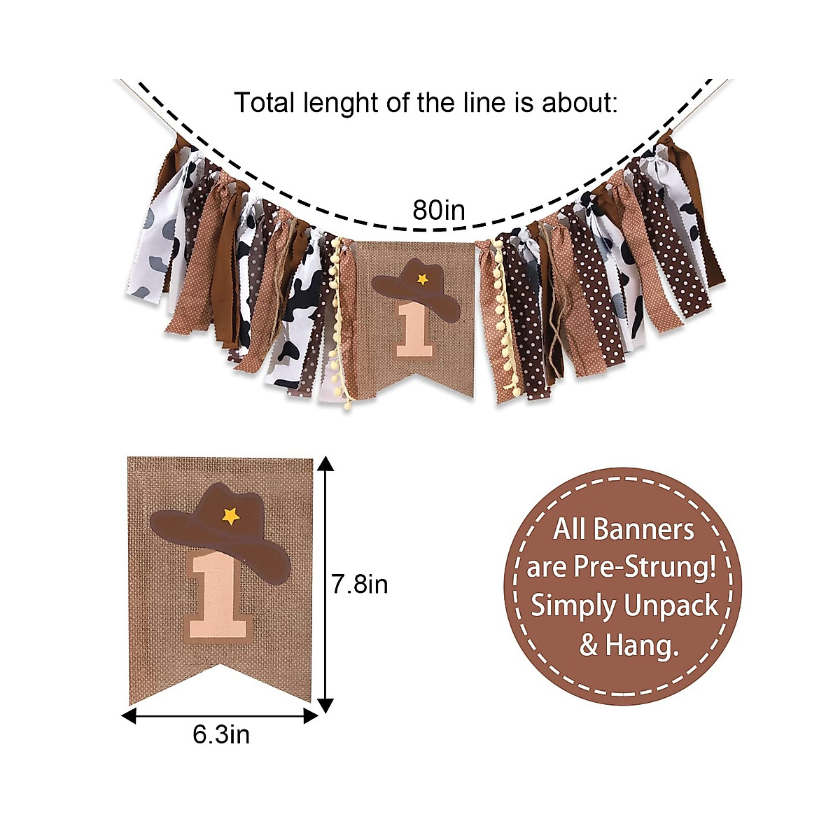 1st Birthday High Chair Banner - Cowboy Rodeo for Party Fabric Decor,Cake Smash Baby Shower,Backdrop Garland for photo props