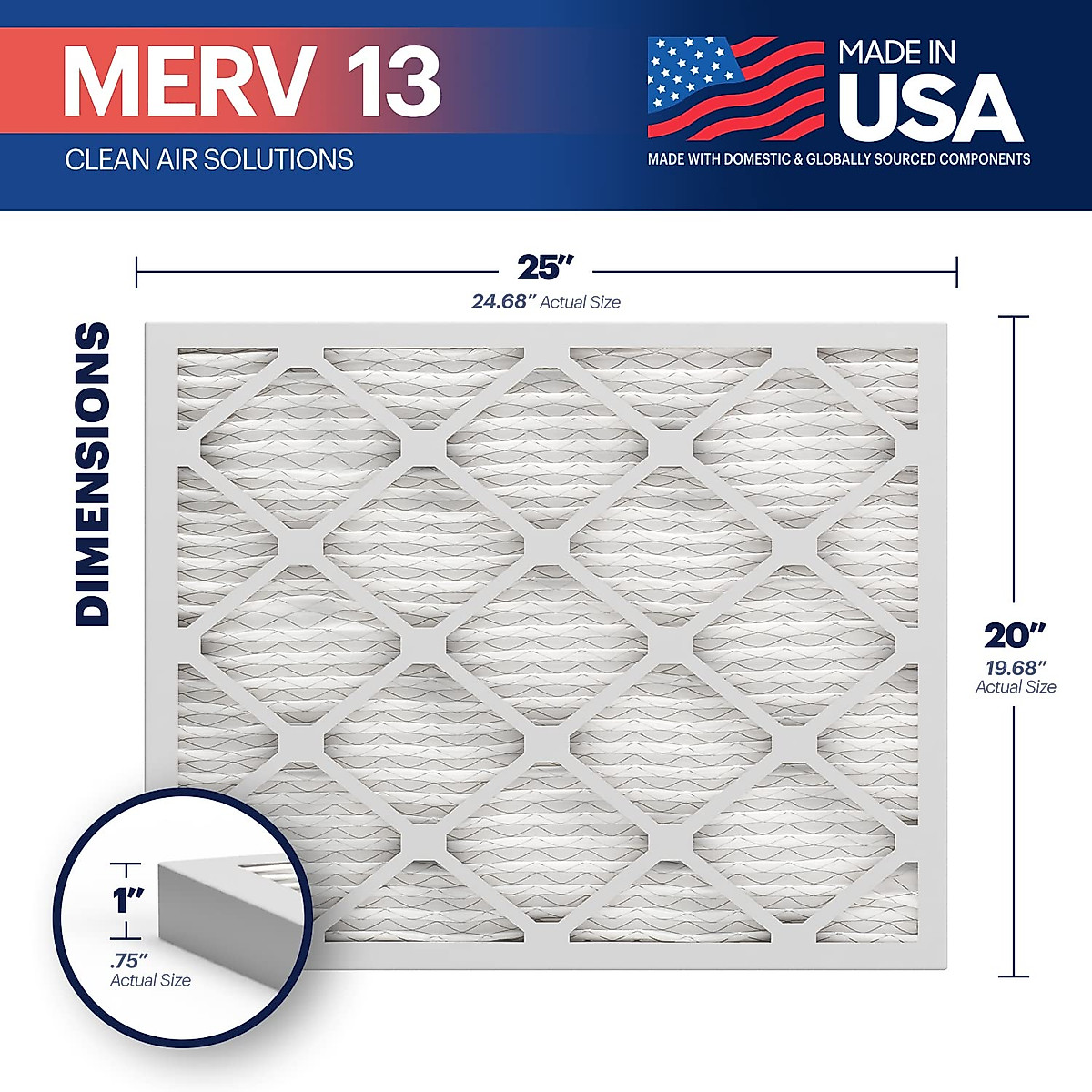 BNX TruFilter 20x25x1 Air Filter MERV 13 (4-Pack) - MADE IN USA - Electrostatic Pleated Air Conditioner HVAC AC Furnace Filters for Allergies, Pollen, Mold, Bacteria, Smoke, Allergen, MPR 1900 FPR 10